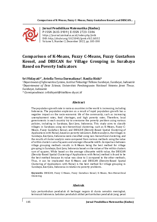 (PDF) Comparison of K-Means, Fuzzy C-Means, Fuzzy Gustafson Kessel, and DBSCAN for Village ...