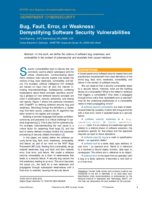 Pdf Bug Fault Error Or Weakness Demystifying Software Security