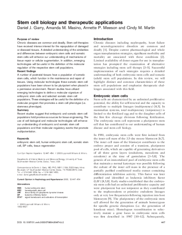 (PDF) Stem cell biology and therapeutic applications