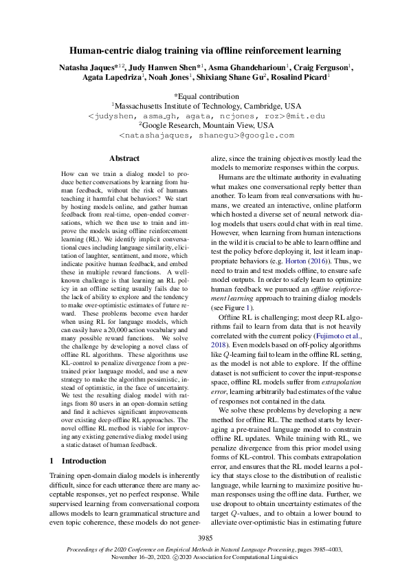 (PDF) Human-centric dialog training via offline reinforcement learning