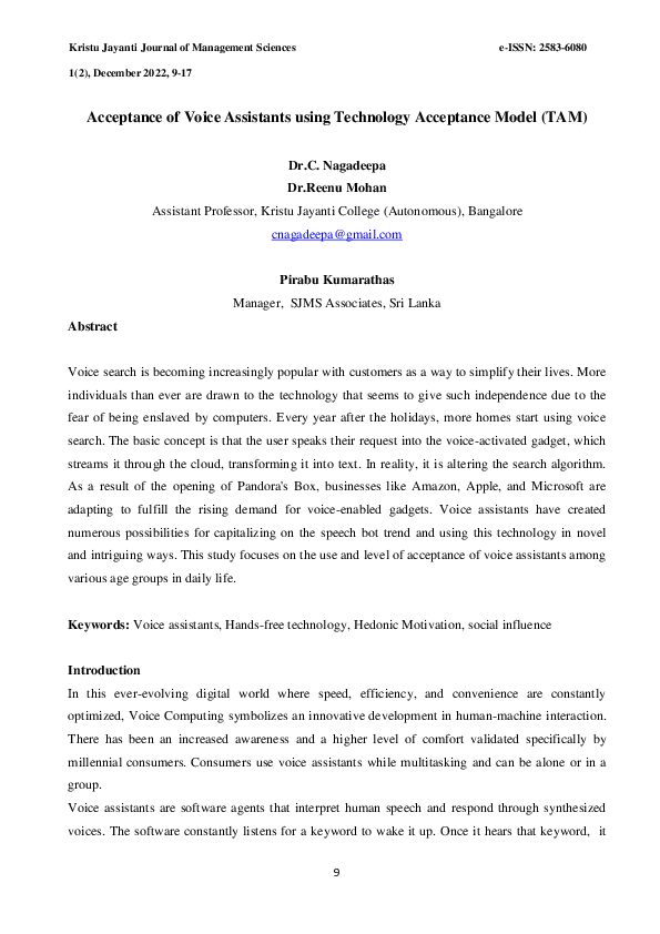 (PDF) Acceptance of Voice Assistants using Technology Acceptance Model (TAM)