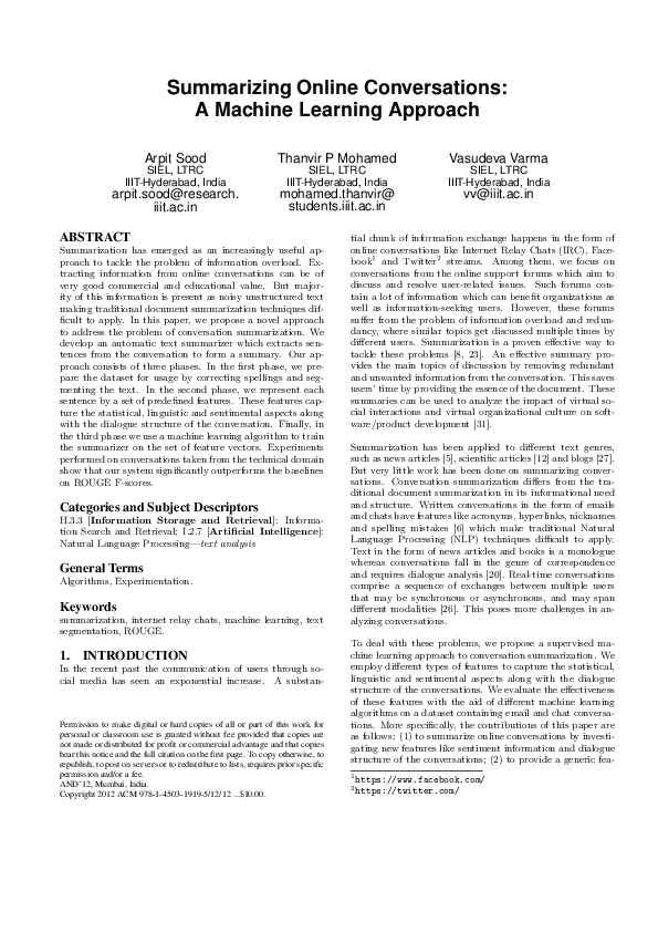 (PDF) Summarizing Online Conversations: A Machine Learning Approach