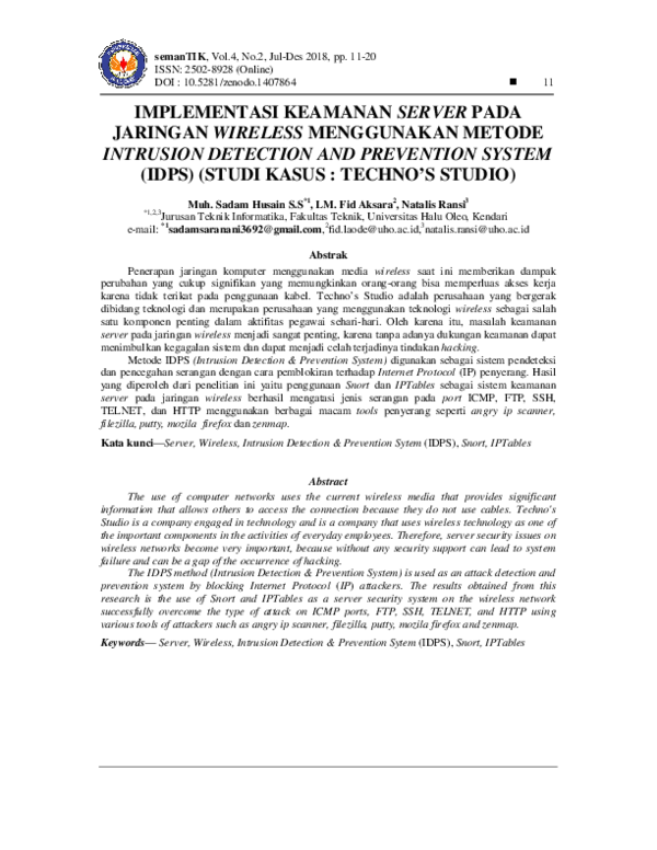 (PDF) Implementasi Keamanan Server Pada Jaringan Wireless Menggunakan Metode Intrusion Detection ...