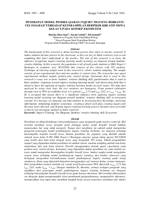 Penerapan Model Pembelajaran Inquiry Training Berbantu Vee Diagram Terhadap Keterampilan ...
