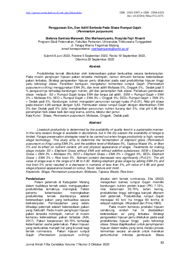 (PDF) Penggunaan Em4 Dan Aditif Berbeda Pada Silase Rumput Gajah (Pennisetum purpureum)
