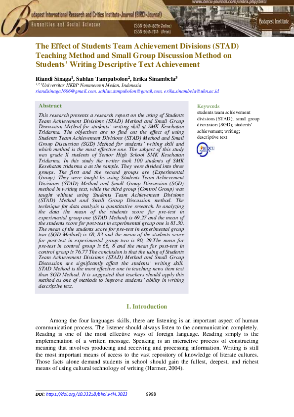 (PDF) The Effect of Students Team Achievement Divisions (STAD) Teaching Method and Small Group ...