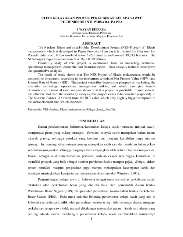 (PDF) STUDI KELAYAKAN PROYEK PERKEBUNAN KELAPA SAWIT PT. HENRISON INTI ...