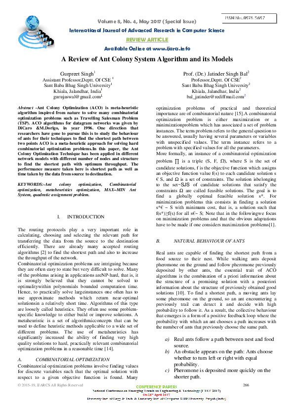 (PDF) A Review of Ant Colony System Algorithm and its Models