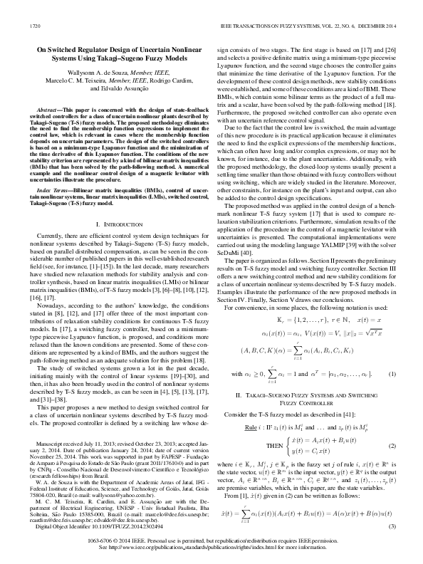 (PDF) On Switched Regulator Design of Uncertain Nonlinear Systems Using Takagi–Sugeno Fuzzy Models