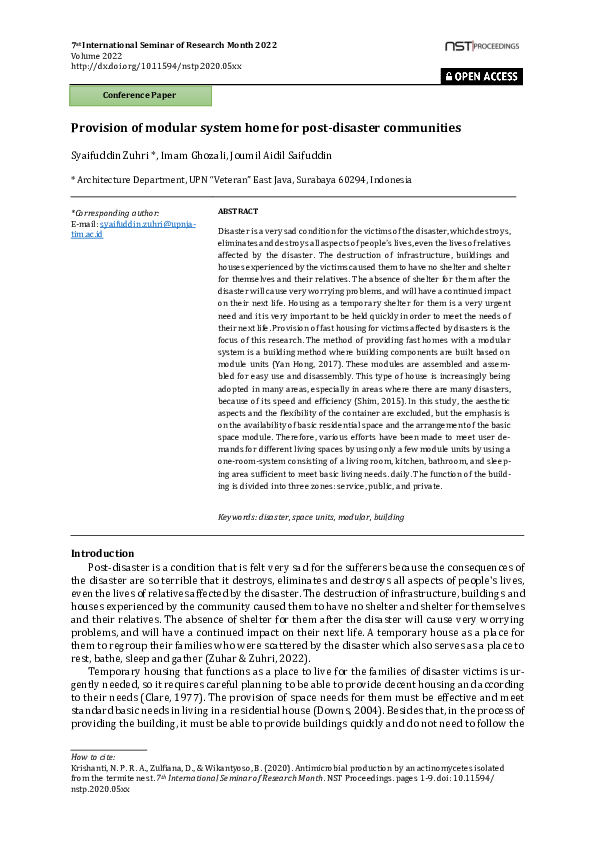 (PDF) Provision of modular system home for post-disaster communities