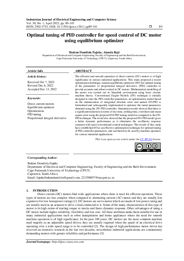 Pdf Optimal Tuning Of Pid Controller For Speed Control Of Dc Motor Using Equilibrium Optimizer