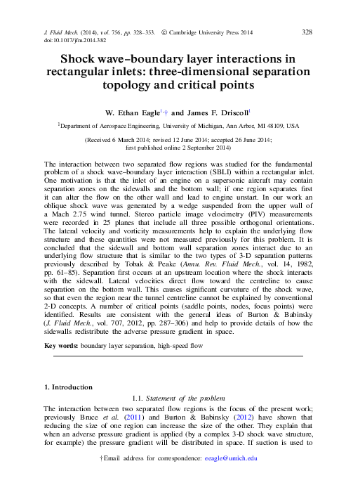 (PDF) Shock wave–boundary layer interactions in rectangular inlets: three-dimensional separation ...