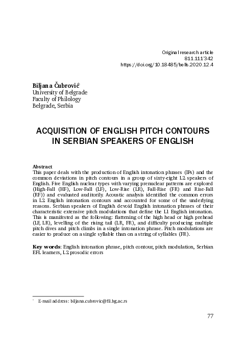 (PDF) Acquisition of English Pitch Contours in Serbian Speakers of English