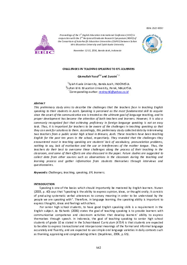 (PDF) Challenges in Teaching Speaking to Efl Learners