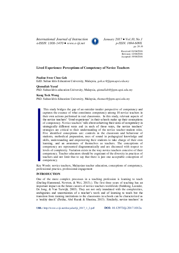 (PDF) Lived Experience: Perceptions of Competency of Novice Teachers