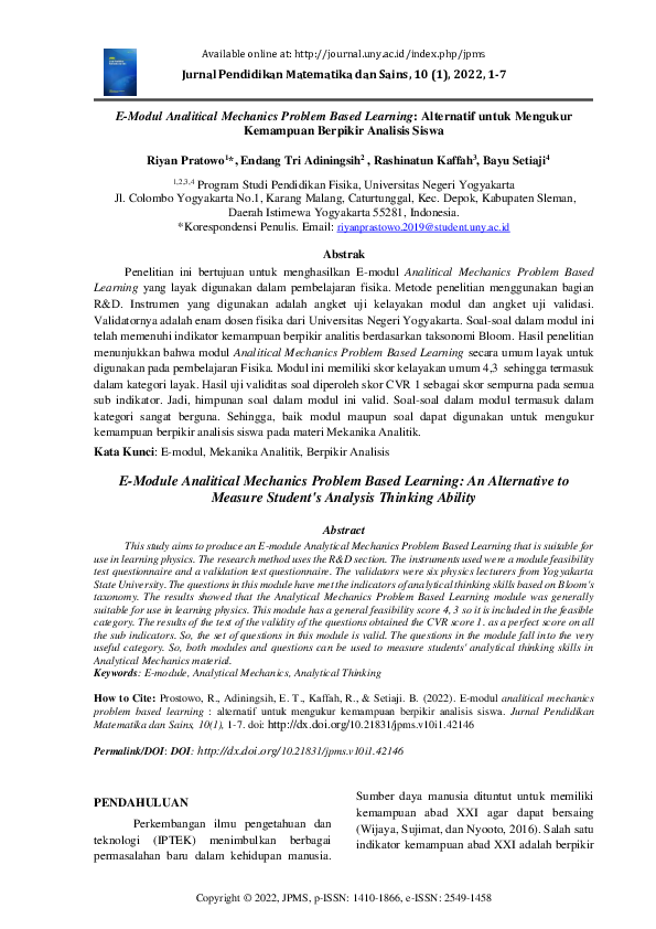 (PDF) E-Modul Analitical Mechanics Problem Based Learning: Alternatif ...