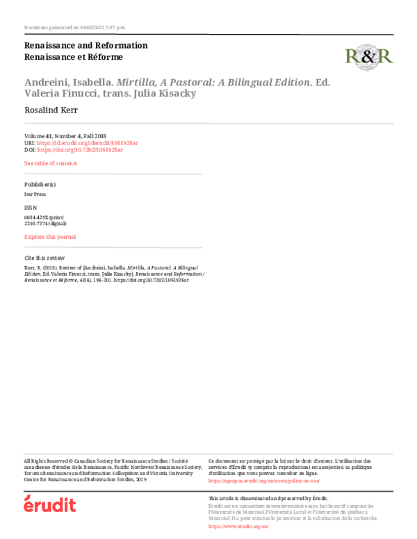 (PDF) Andreini, Isabella. Mirtilla, A Pastoral: A Bilingual Edition. Ed ...