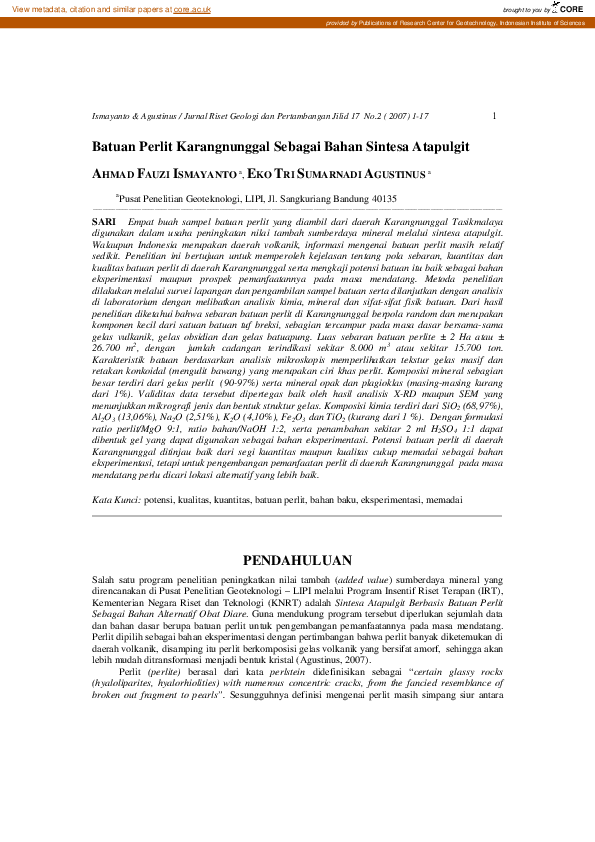 (PDF) Batuan Perlit Karangnunggal Sebagai Bahan Sintesa Atapulgit