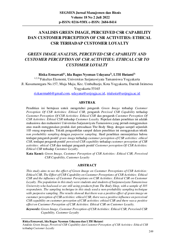 (PDF) Analisis Green Image, Perceived CSR Capability Dan Customer Perception of CSR Activities ...
