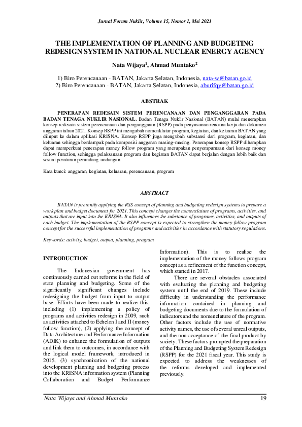 (PDF) The Implementation of Planning and Budgeting Redesign System in National Nuclear Energy ...