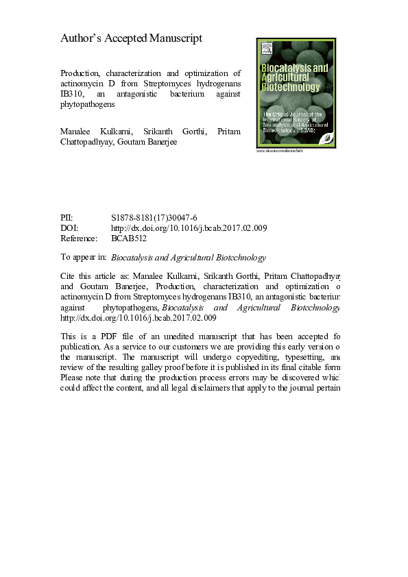 (PDF) Production, characterization and optimization of actinomycin D from Streptomyces ...