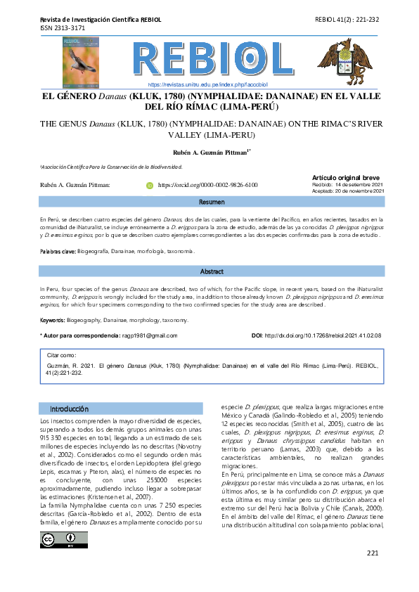(PDF) THE GENUS Danaus(KLUK, 1780) (NYMPHALIDAE: DANAINAE) ON THE RIMAC ...
