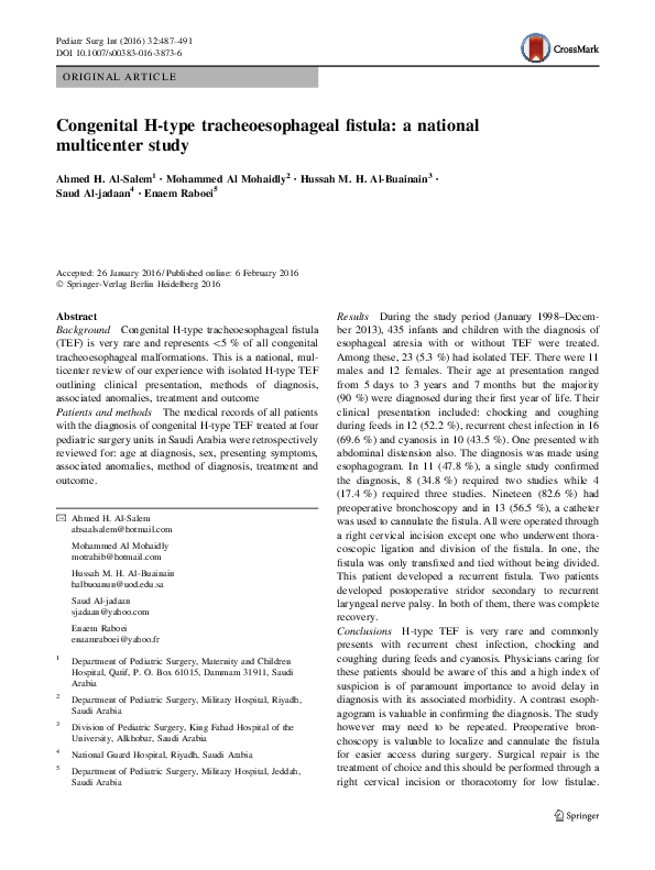 (PDF) Congenital H-type tracheoesophageal fistula: a national ...