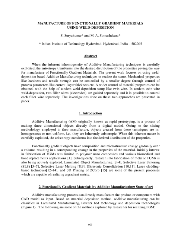 (PDF) Manufacturing of functionally gradient materials by using weld-deposition | Somashekara ...