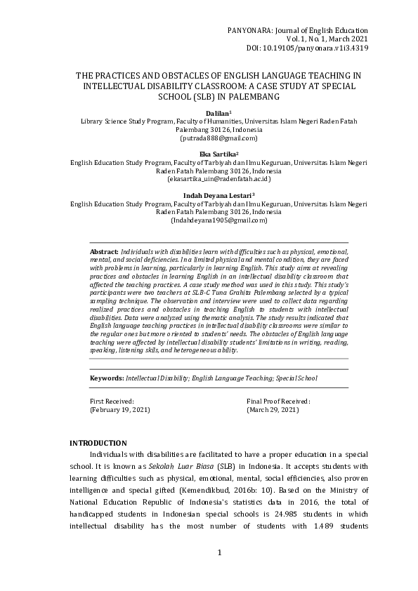 (PDF) The Practices and Obstacles of English Language Teaching in Intellectual Disability ...
