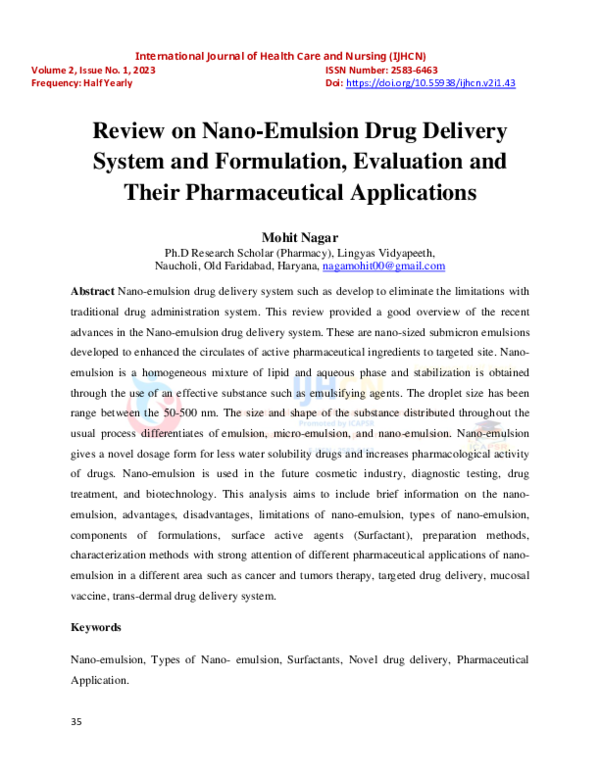 Pdf Review On Nano Emulsion Drug Delivery System And Formulation Evaluation And Their