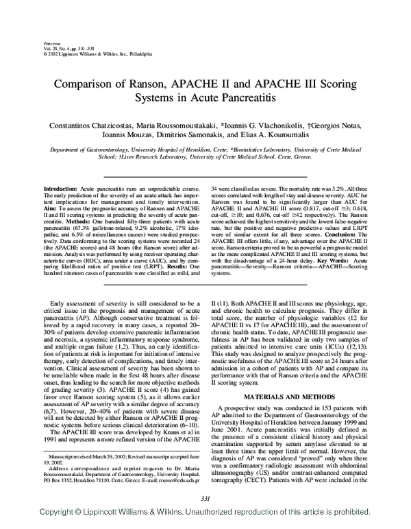 (PDF) Comparison of Ranson, APACHE II and APACHE III Scoring Systems in ...