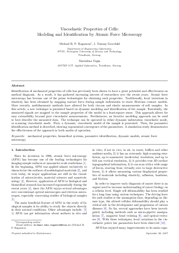 (PDF) Viscoelastic properties of cells: Modeling and identification by atomic force microscopy