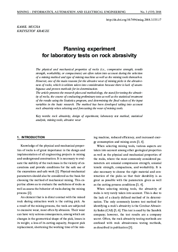 (PDF) Planning experiment for laboratory tests on rock abrasivity