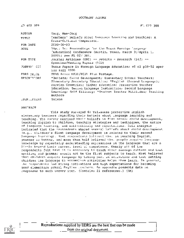 (PDF) Teachers' beliefs about language learning and teaching: a cross ...