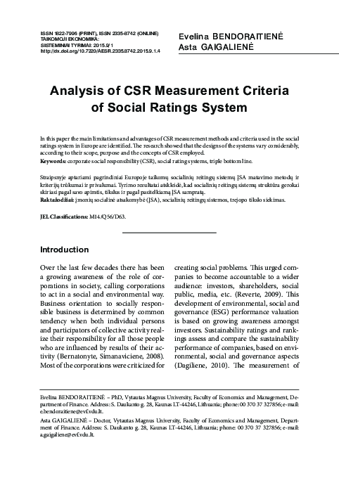 (PDF) Analysis of CSR Measurement Criteria of Social Ratings System