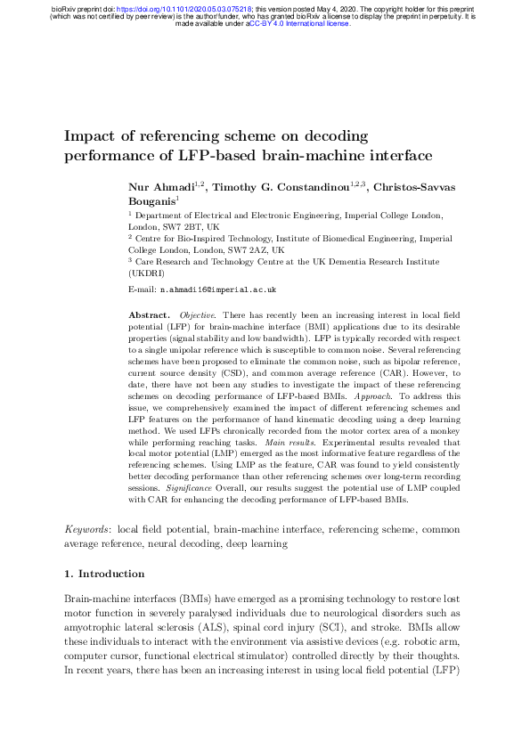 (PDF) Impact of referencing scheme on decoding performance of LFP-based brain-machine interface