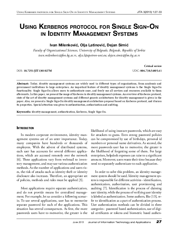 (PDF) Using Kerberos protocol for Single Sign-On in Identity Management Systems