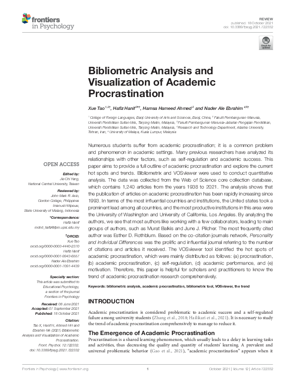 (PDF) Bibliometric Analysis and Visualization of Academic Procrastination