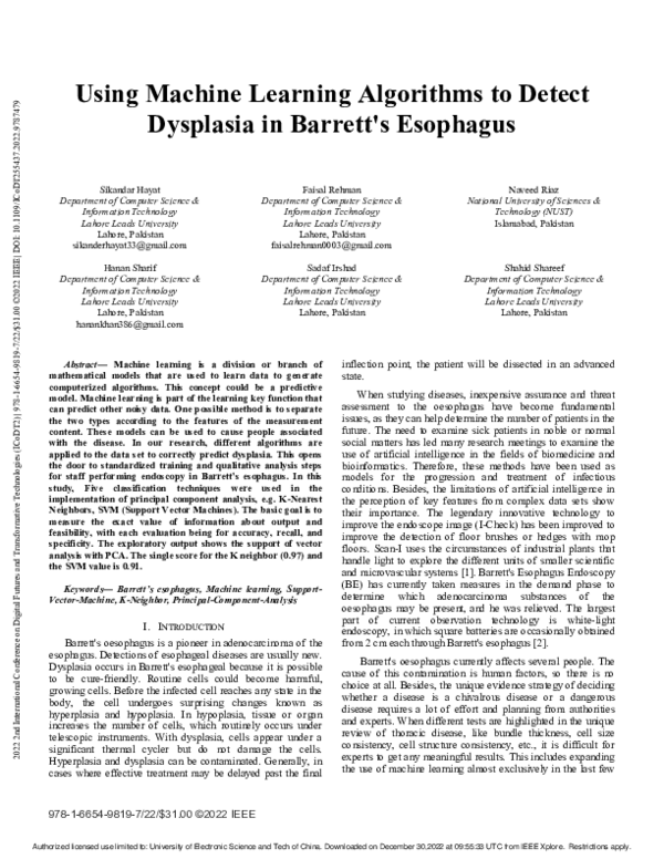 (PDF) Using Machine Learning Algorithms to Detect Dysplasia in Barrett's Esophagus