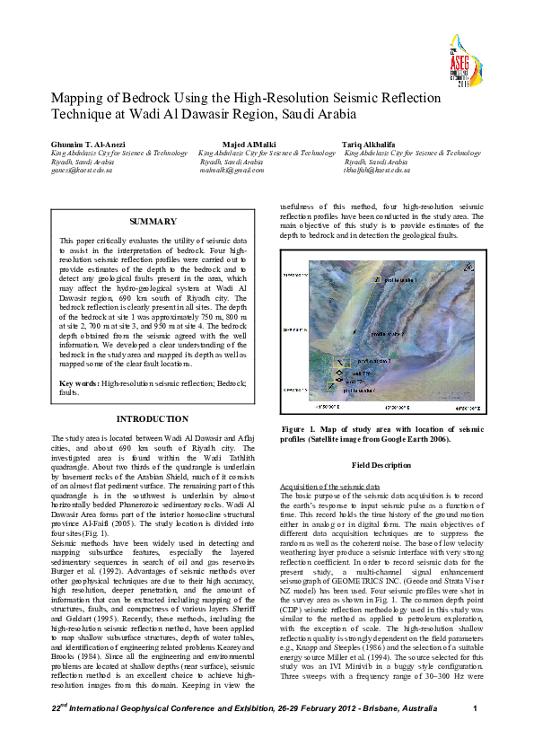 Pdf Mapping Of Bedrock Using The High Resolution Seismic Reflection Technique At Wadi Al