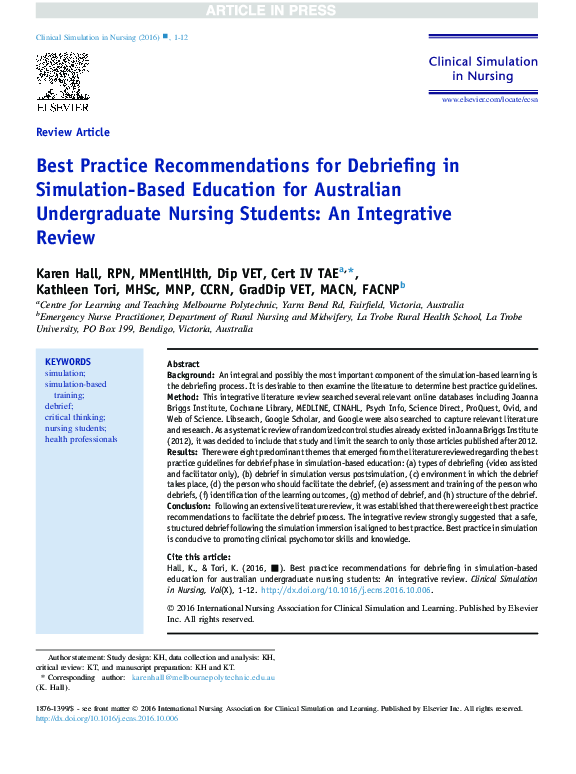(PDF) Best Practice Recommendations for Debriefing in Simulation-Based Education for Australian ...