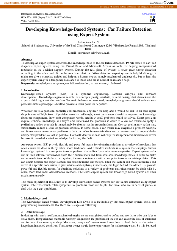 (PDF) Developing Knowledge-Based Systems: Car Failure Detection using Expert System