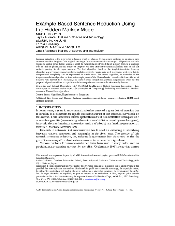 (PDF) Example-based sentence reduction using the hidden markov model
