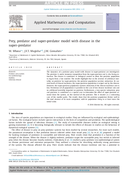 (PDF) Prey, predator and super-predator model with disease in the super ...