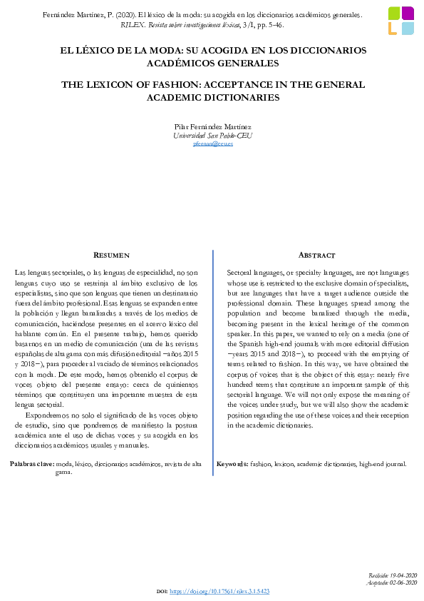 (PDF) El léxico de la moda: su acogida en los diccionarios académicos generales