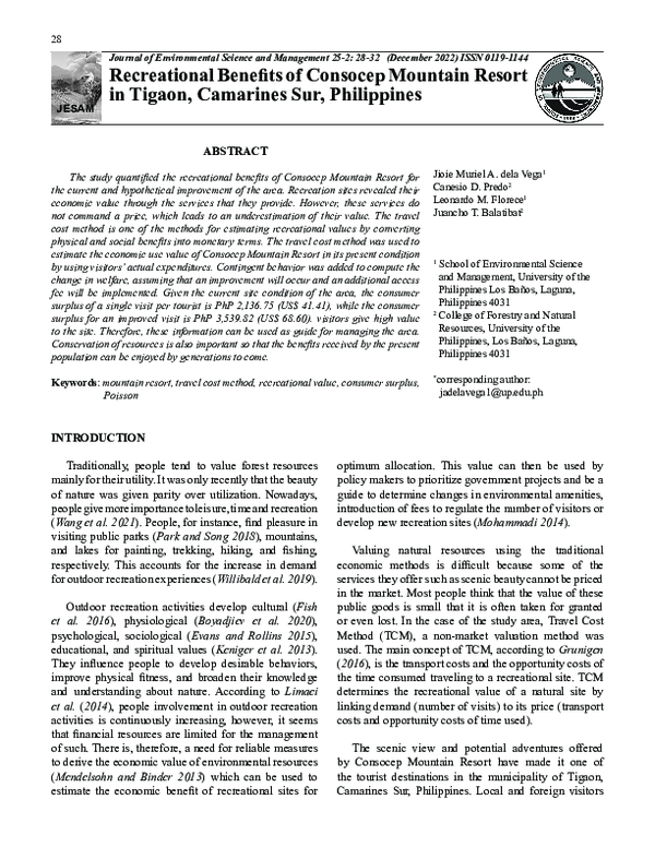 (PDF) Recreational Benefits of Consocep Mountain Resort in Tigaon ...