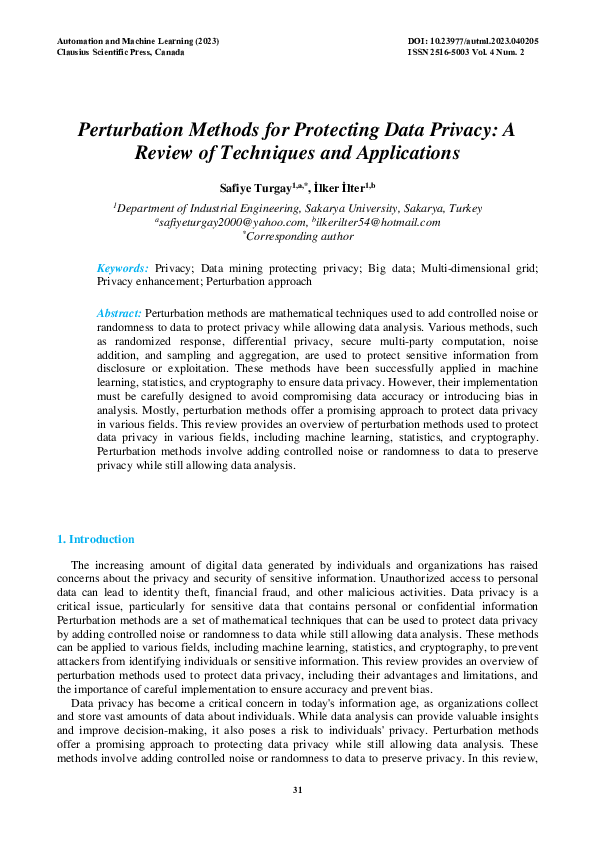(PDF) Perturbation Methods for Protecting Data Privacy: A Review of Techniques and Applications