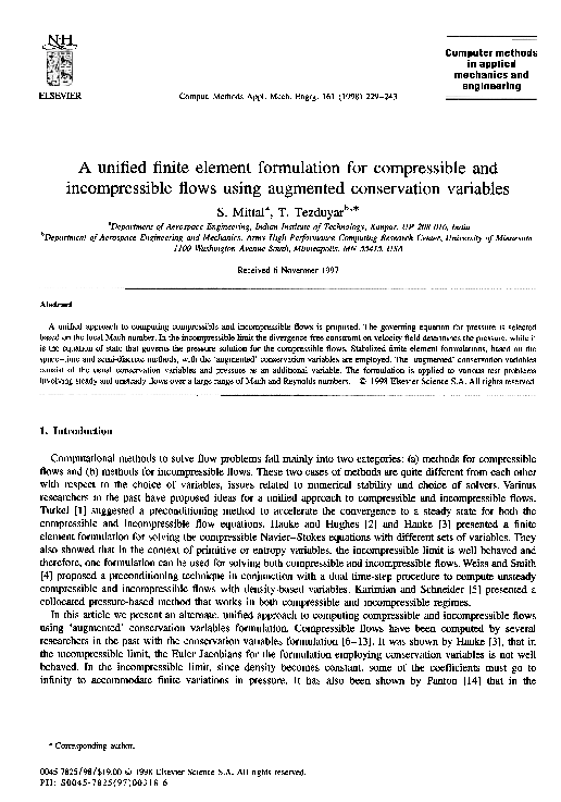 Pdf A Unified Finite Element Formulation For Compressible And Incompressible Flows Using