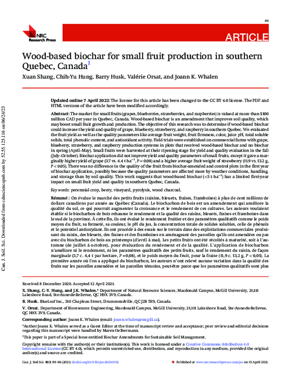 (PDF) Wood-based biochar for small fruit production in southern Quebec ...