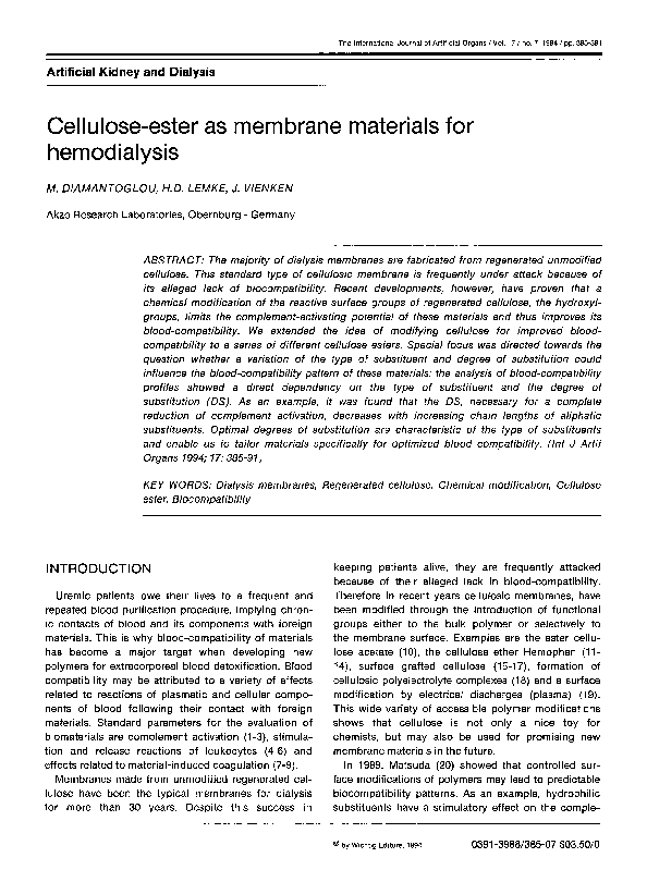 (PDF) Cellulose-Ester as Membrane Materials for Hemodialysis